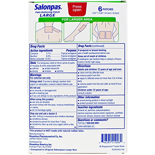 3 Pack Salonpas Pain Relieving Patch Large 5.67 X 3.62 6 Patches 18 ...