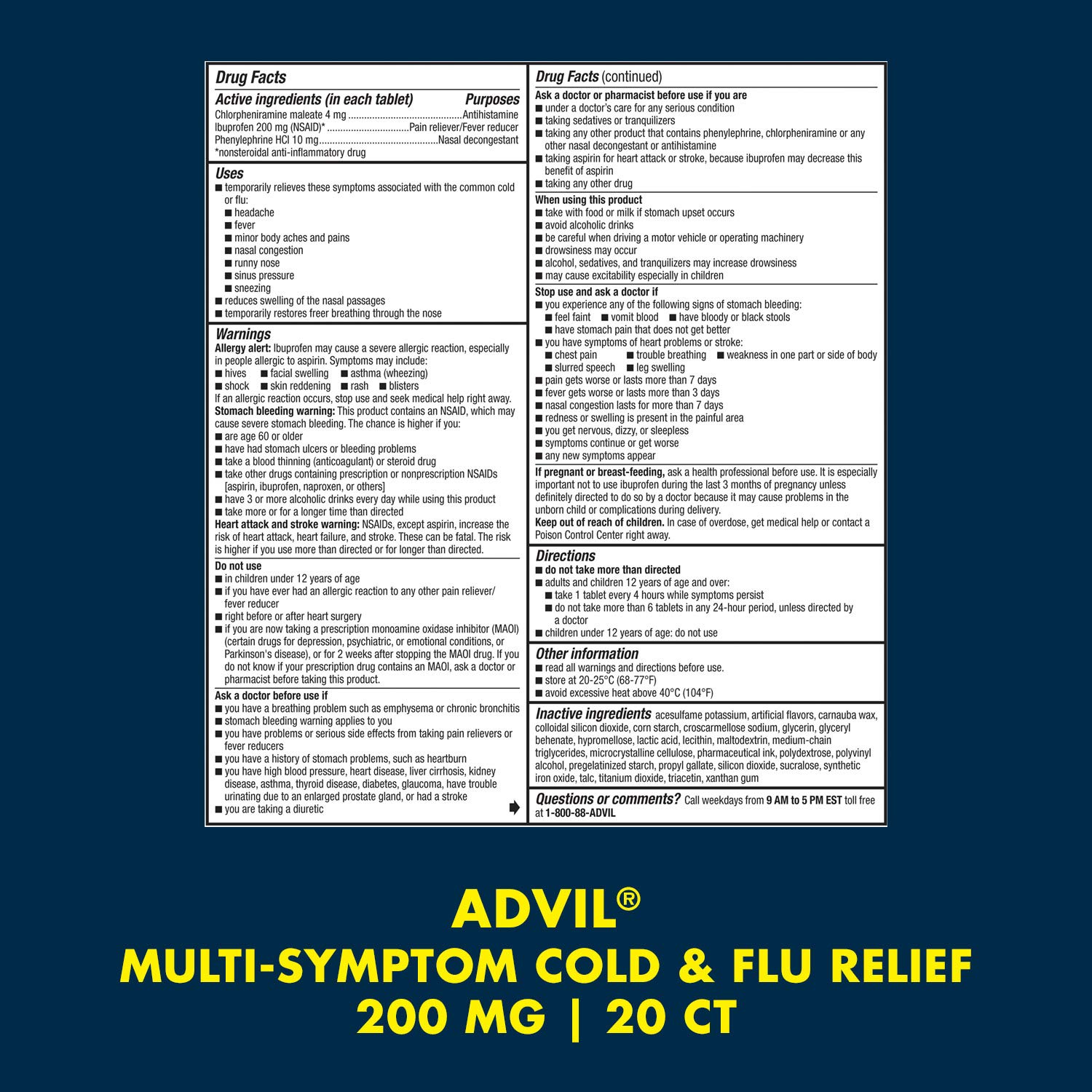 4 Pack Advil Multi Symptom Cold & Flu Coated Tablet 200Mg Ibuprofen 20 ...